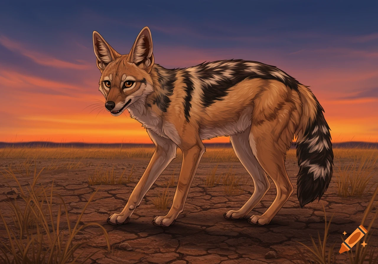 An illustrated black-backed jackal stands on dry ground at sunset. on ...