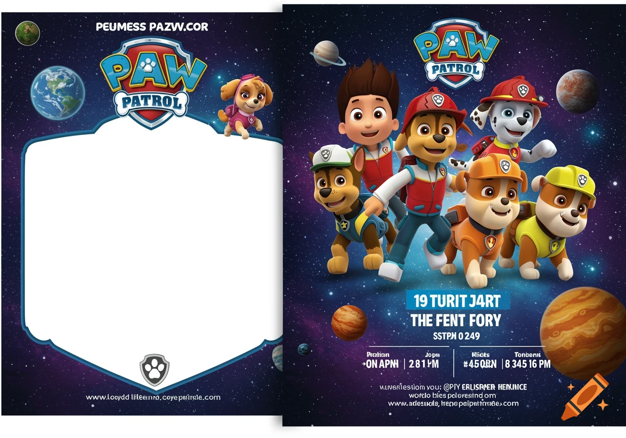 Paw Patrol characters on a flyer template in space with a large blank ...