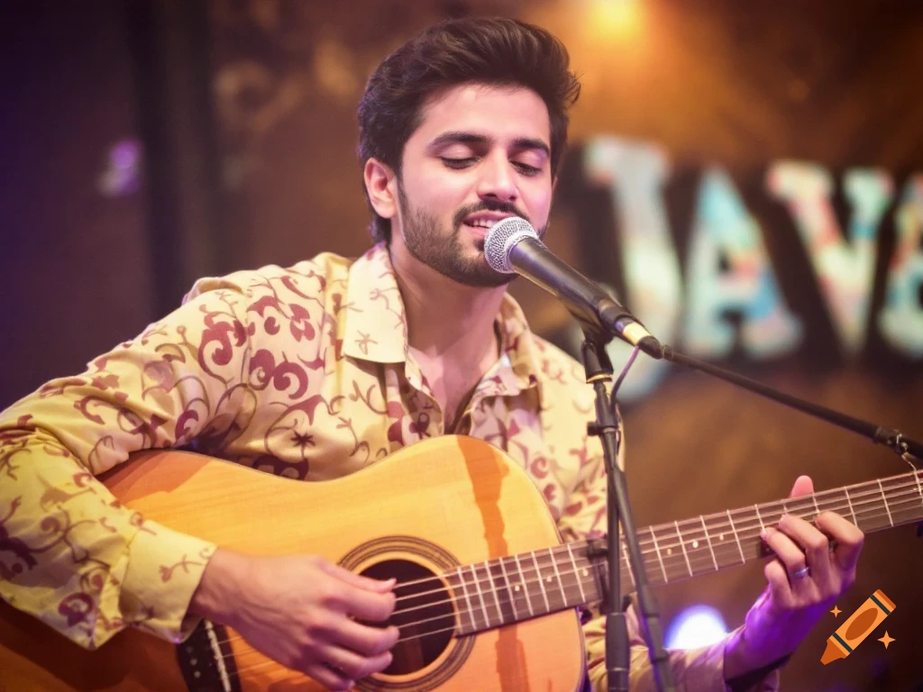A man with a beard sings into a microphone while playing an acoustic ...