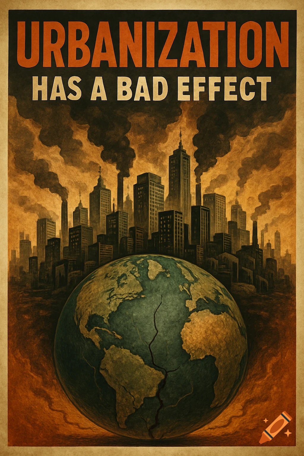 Gritty poster art shows a smoking cityscape above a cracked Earth, with ...
