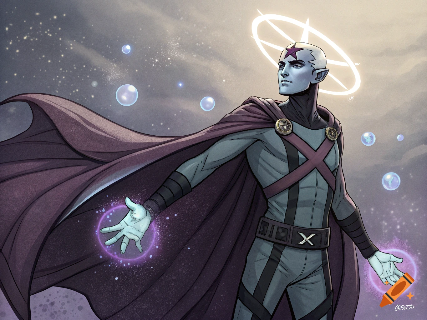 An illustration of a blue-skinned male character with a star on his ...