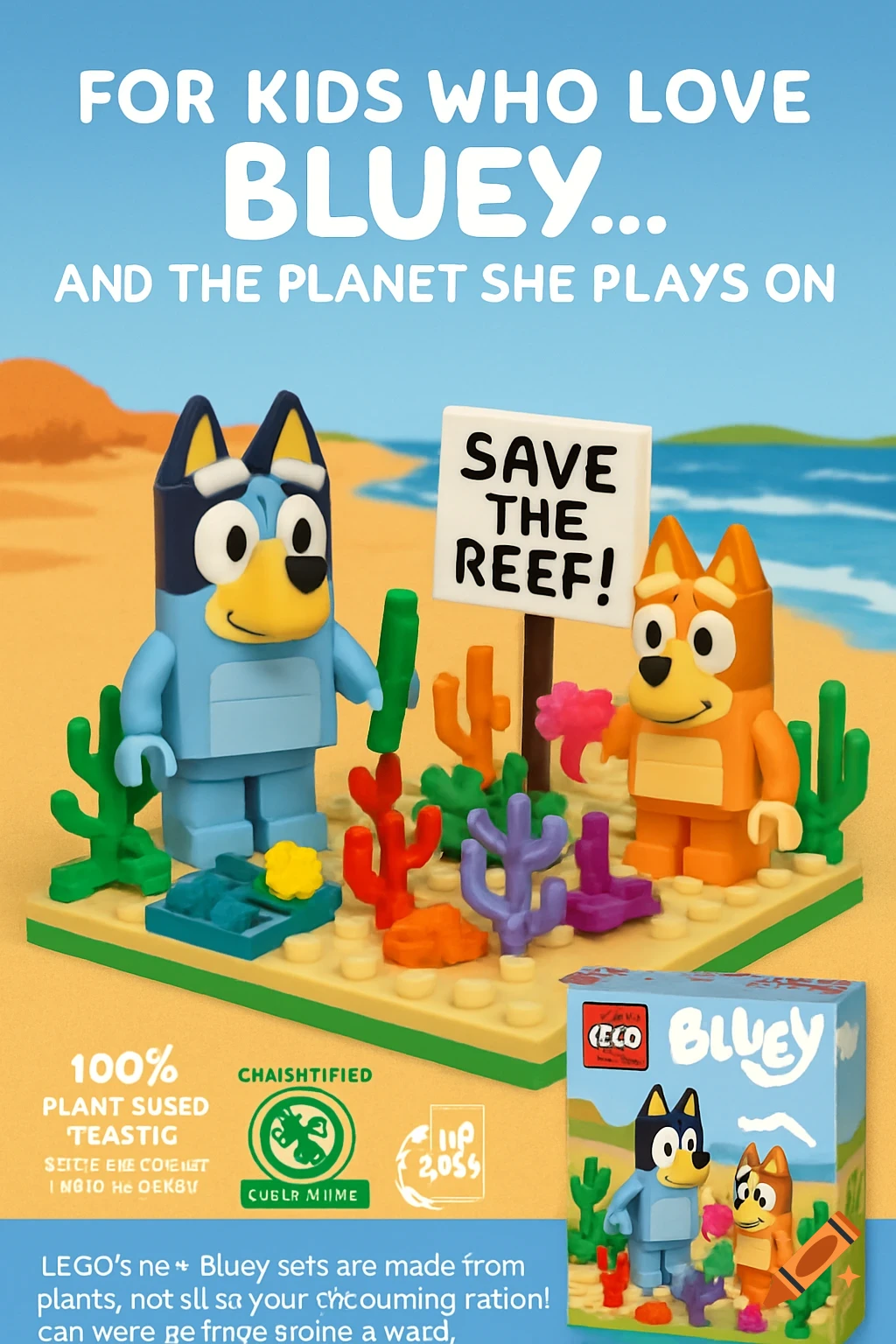 LEGO-style Bluey and Bingo figures next to a Save the Reef sign on a ...