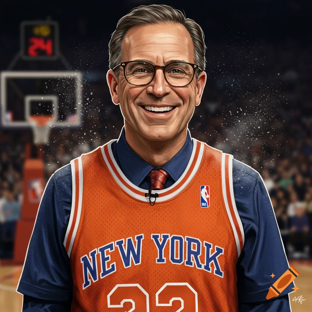 Man in a New York Knicks jersey smiles on a basketball court. on Craiyon