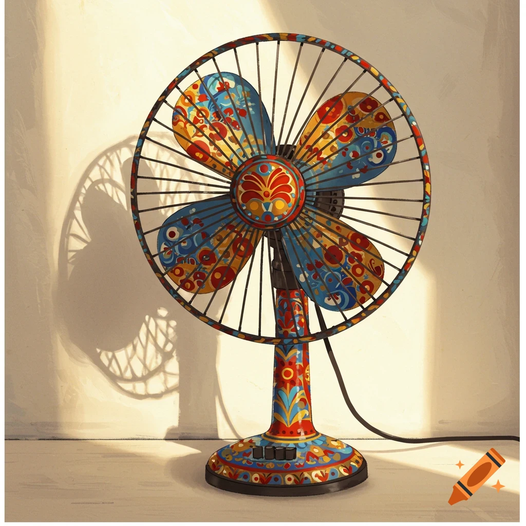 A colorful, decorated electric fan in a painting style. on Craiyon