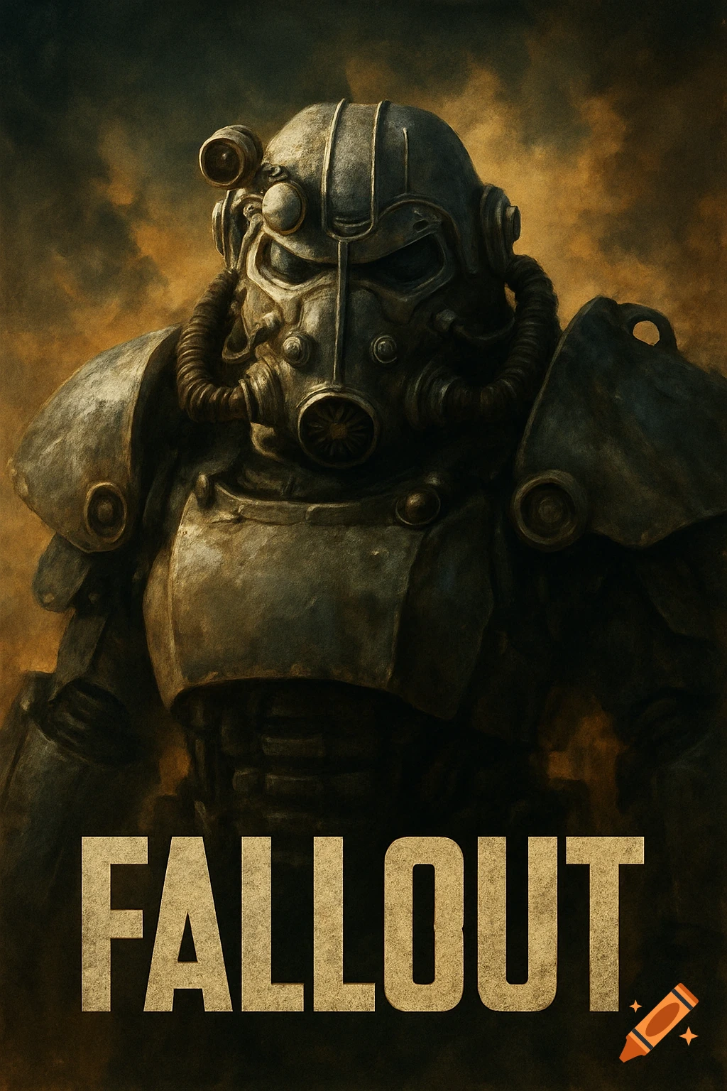 Fallout power armor on a movie poster with the title 'FALLOUT' on Craiyon