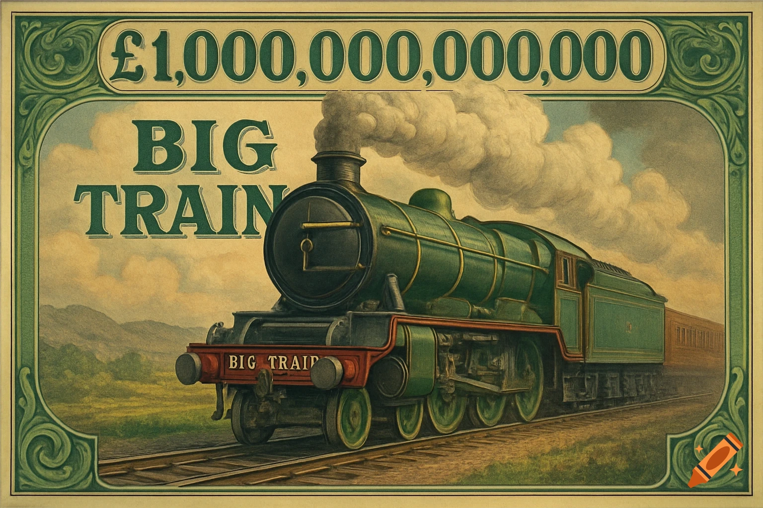 Vintage style poster of a green steam train with the text £ ...