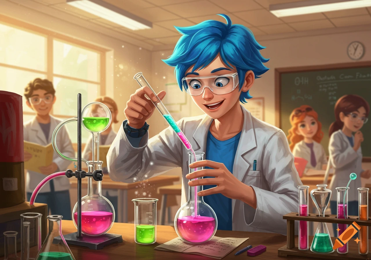 Illustrated scene of a young person with blue hair performing a ...