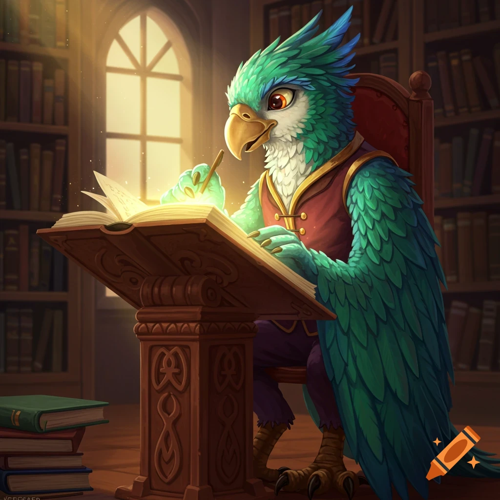 An anthropomorphic parrot character, an Aarakocra, sits in a library ...