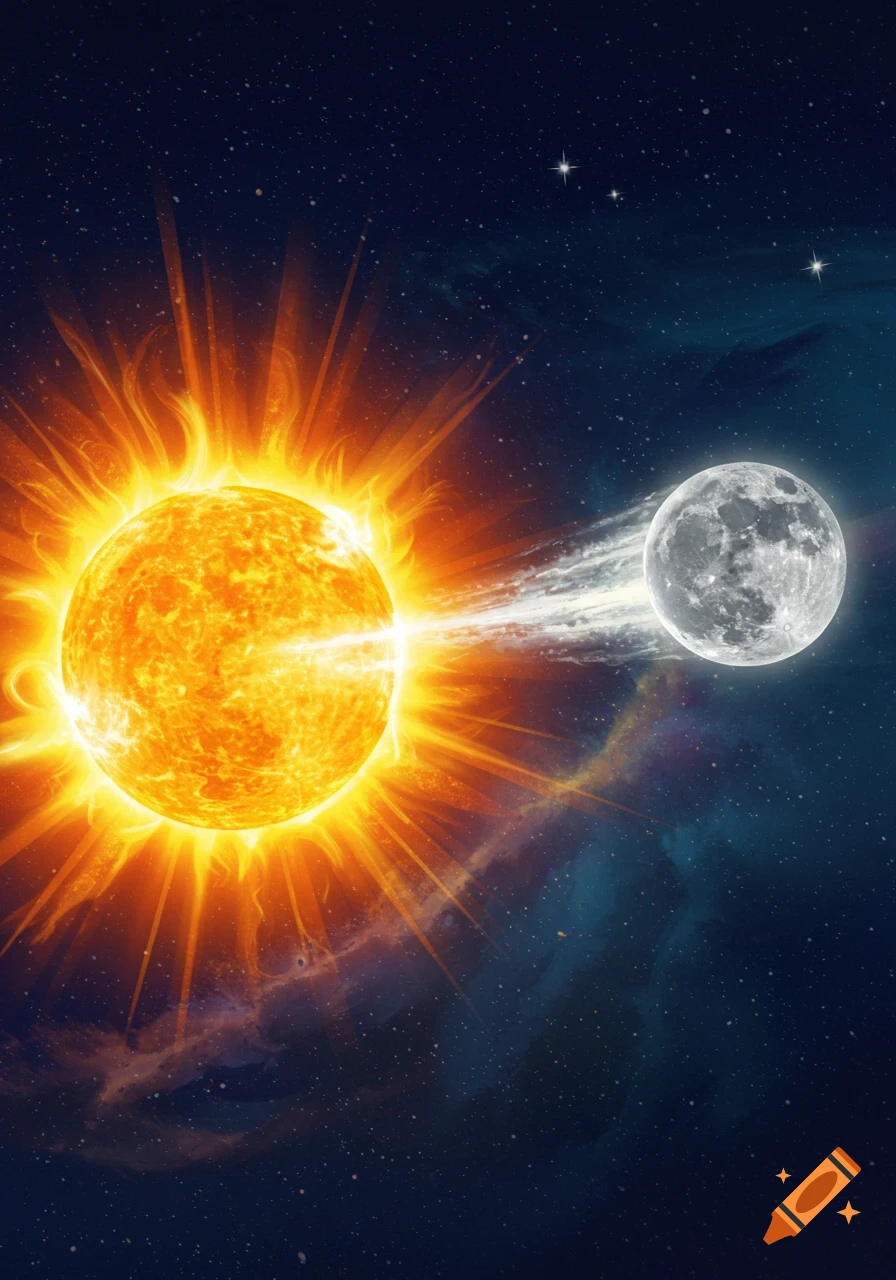 A bright sun shines next to the moon in space with stars and colorful ...