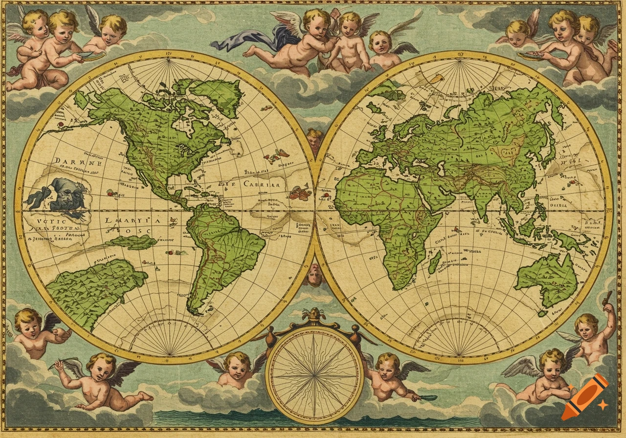 An antique world map in Renaissance art style, surrounded by cherubs ...