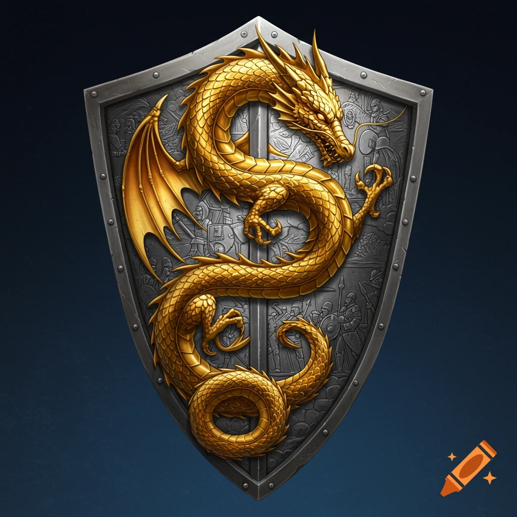 A metallic shield with a large golden dragon wrapped around it ...