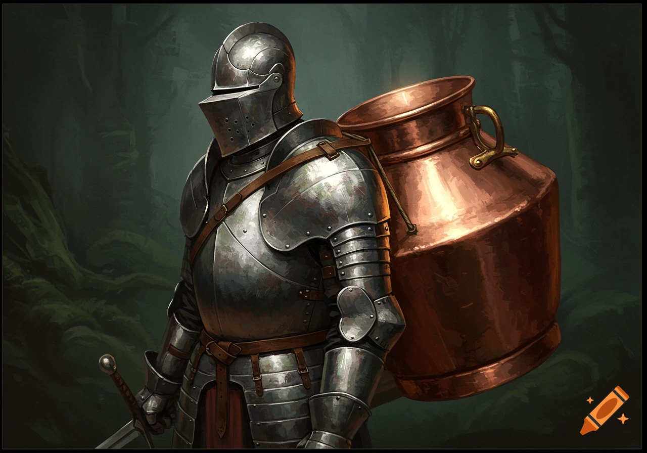 A knight in plate armor carrying a large copper pot on his back. on Craiyon
