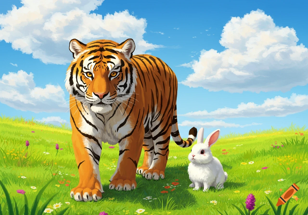An illustration of a tiger and a white rabbit standing in a grassy ...