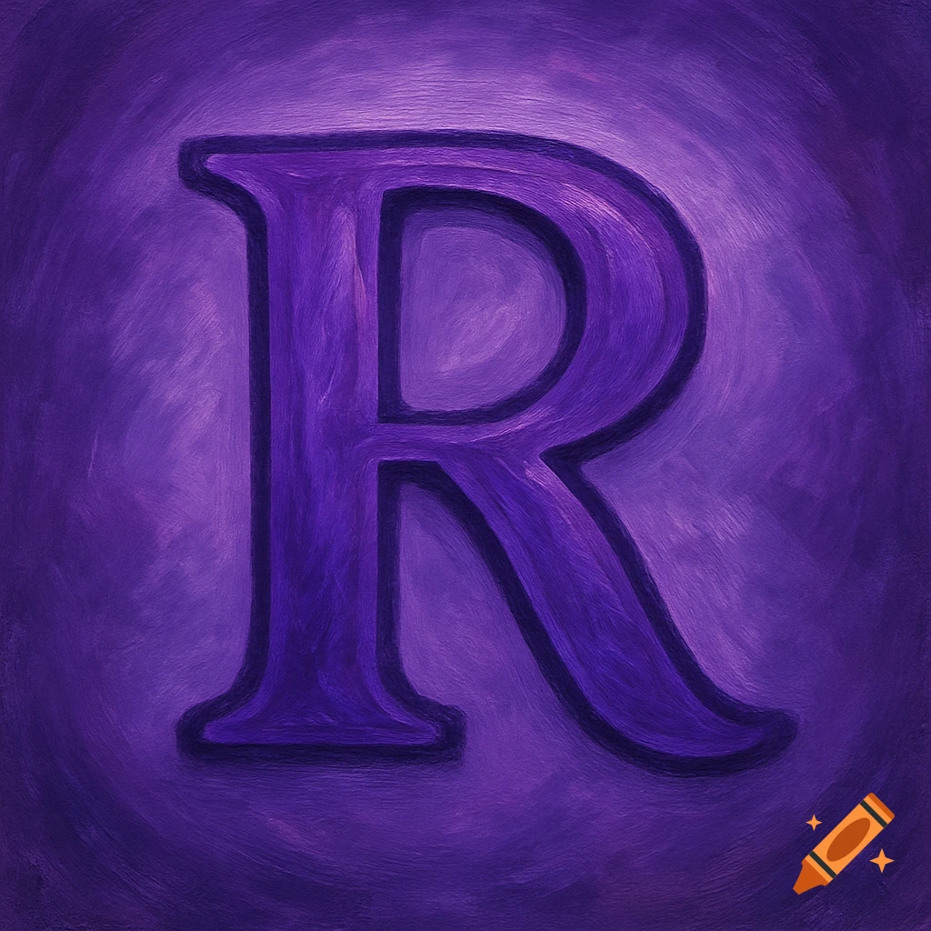 A large purple letter R with a textured, painted style. on Craiyon