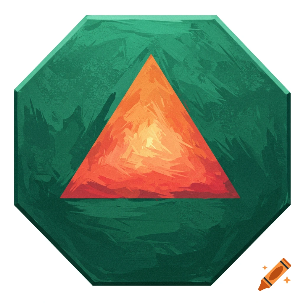 Textured painting of a green octagon with an orange and red triangle ...