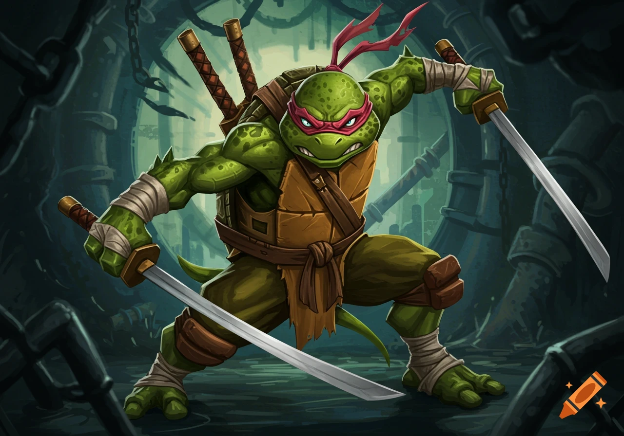 Ninja turtle character holding two swords in a dynamic pose in a dark ...
