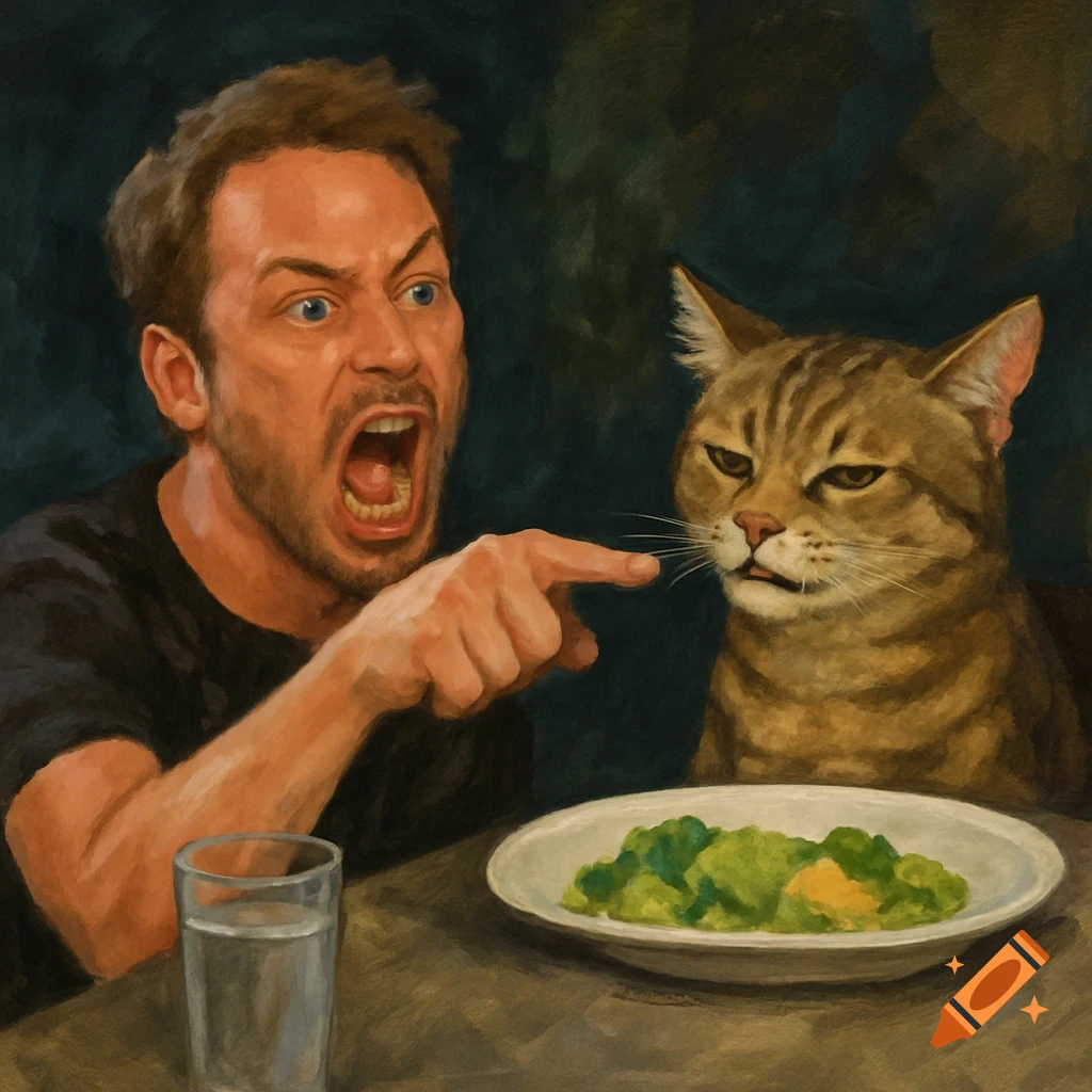 Painting of a man yelling and pointing at a cat sitting behind a plate ...