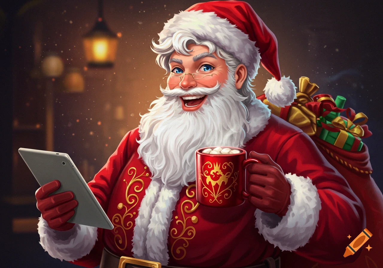 Santa Claus holds a tablet and a mug, smiling warmly. on Craiyon