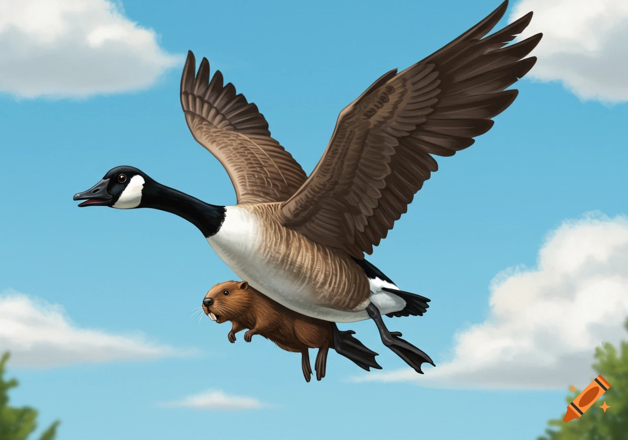 Illustration of a Canada Goose flying through the sky carrying a beaver ...