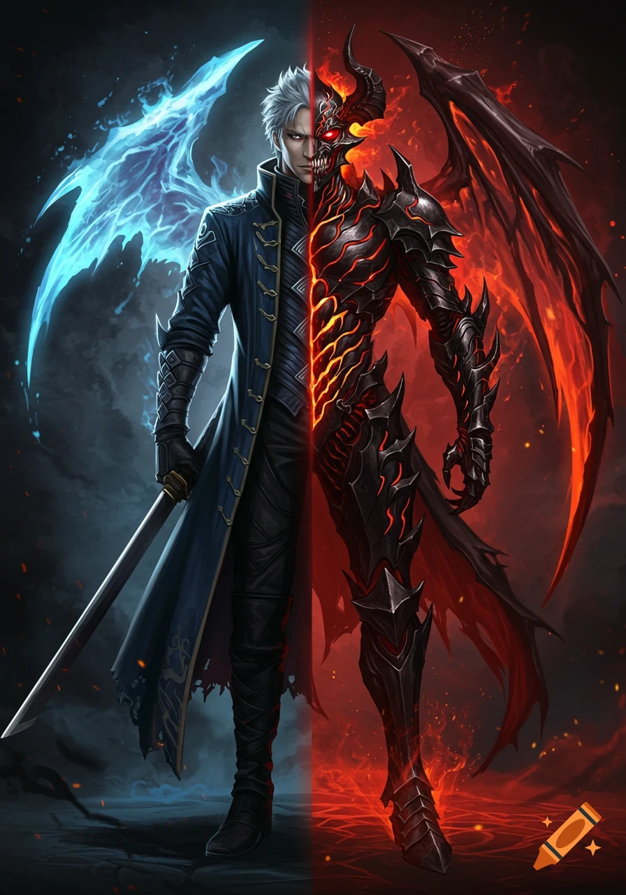 Split image of a character, half human with blue energy, half demonic ...