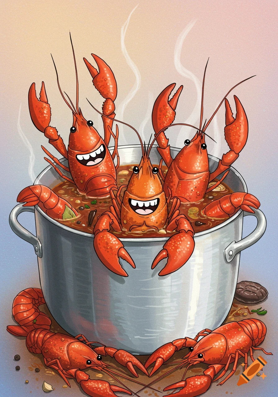 Smiling cartoon crawfish boiling in a pot with other crawfish around ...
