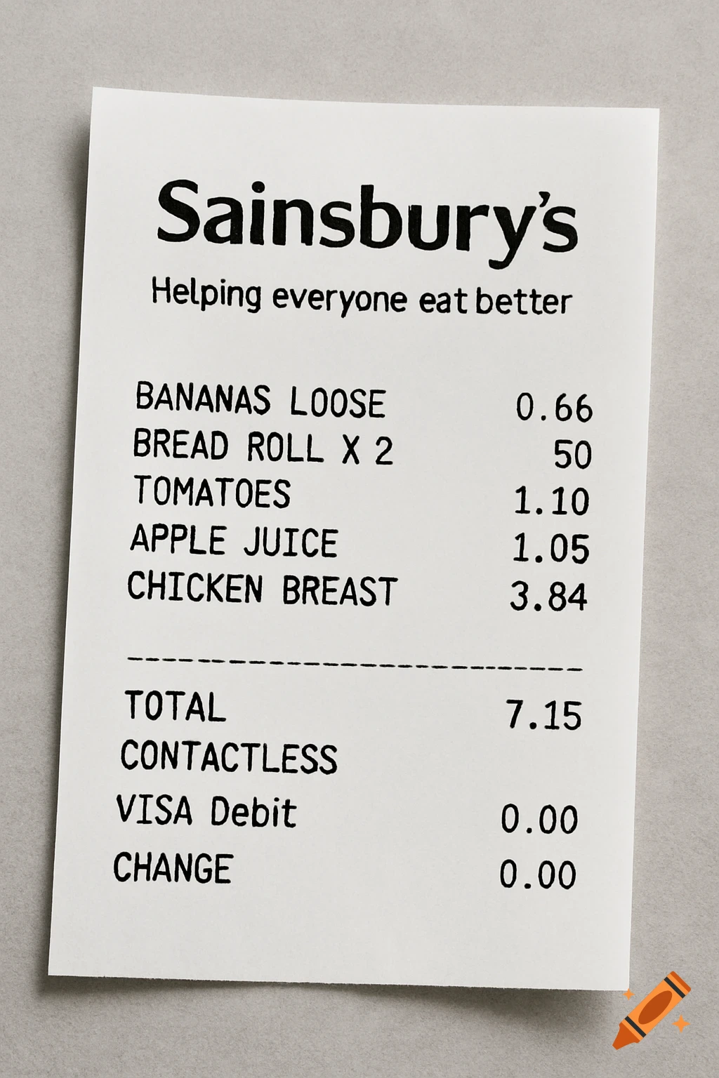 Close-up overhead view of a paper Sainsbury's grocery receipt. on Craiyon