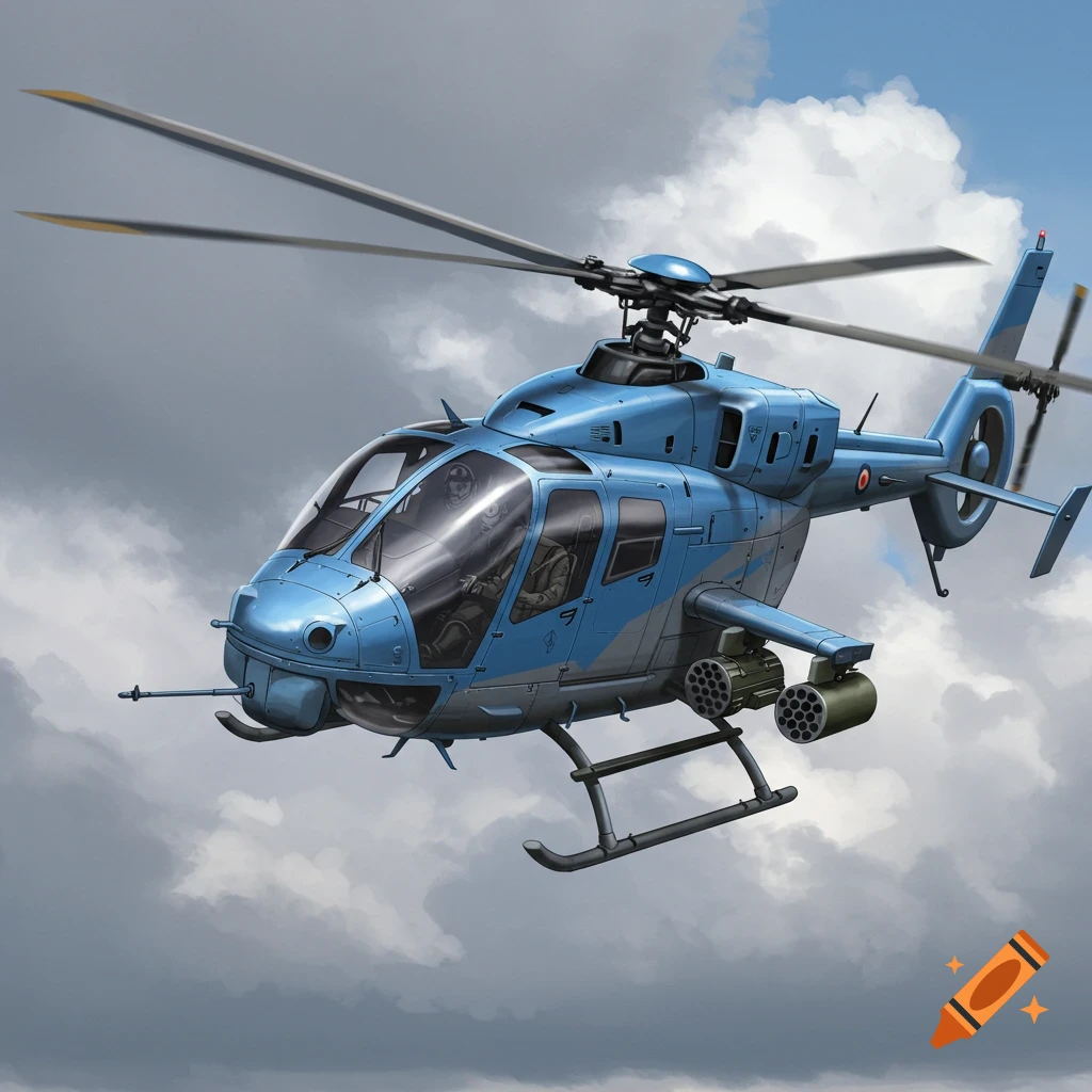 Blue military helicopter with missile pods flying through a cloudy sky ...
