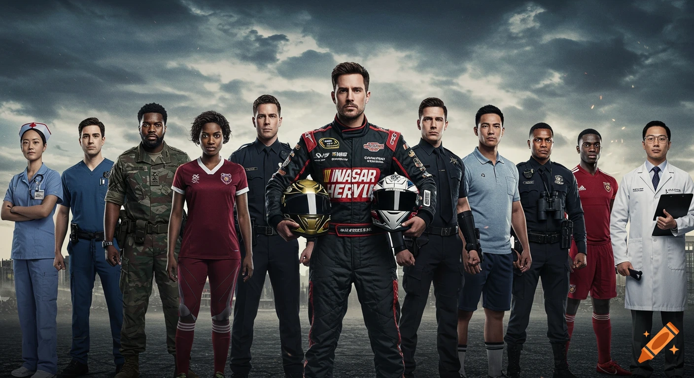 A diverse group representing different professions stands in a dramatic ...