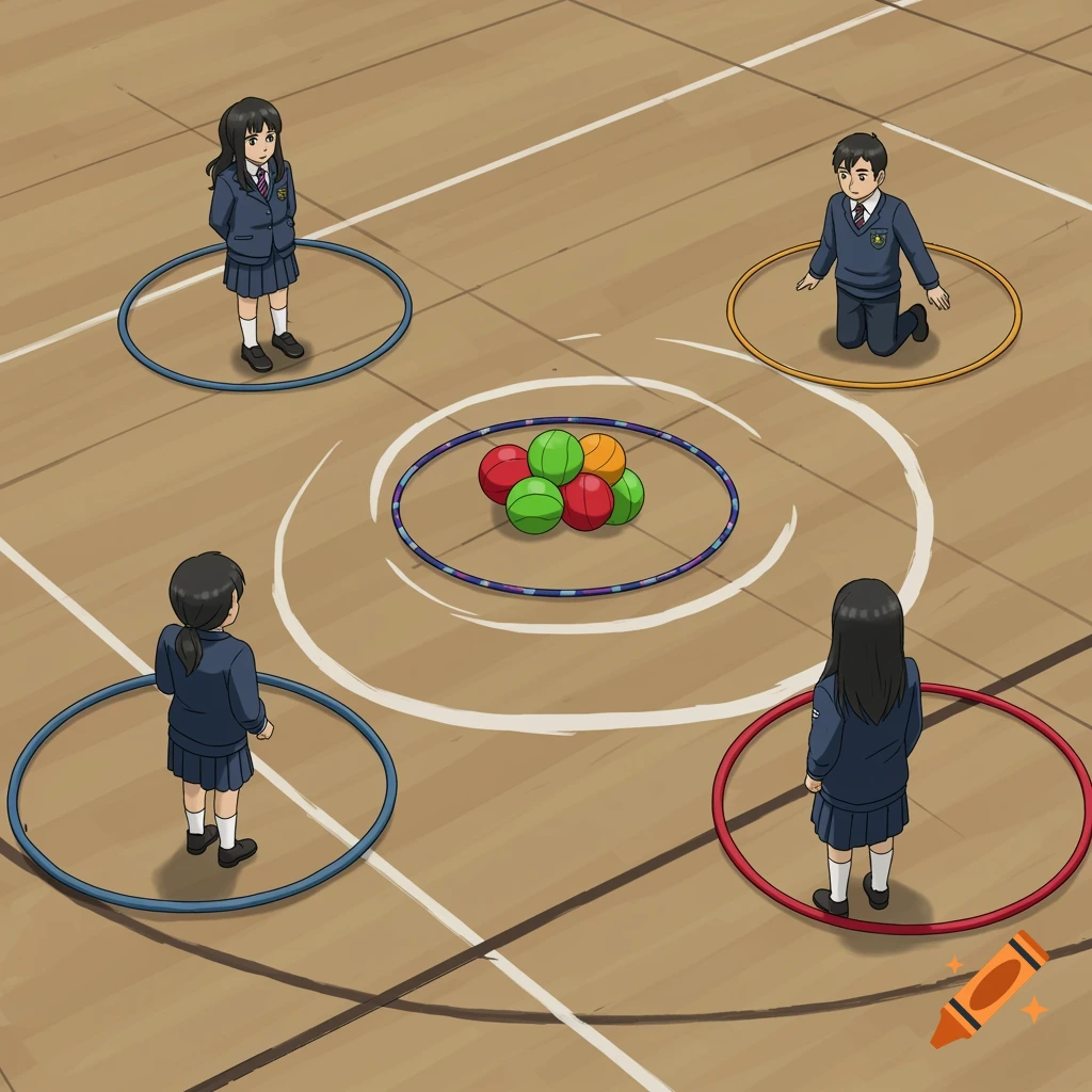 Students standing in hula hoops in a gym class game. on Craiyon