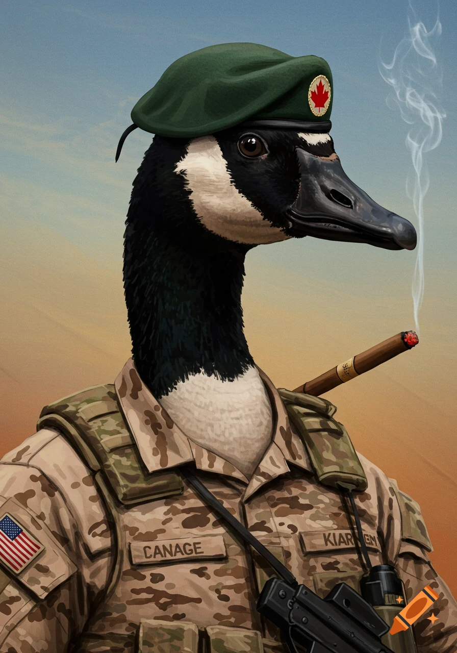 A Canada goose head on a soldier wearing a desert camouflage uniform, a ...