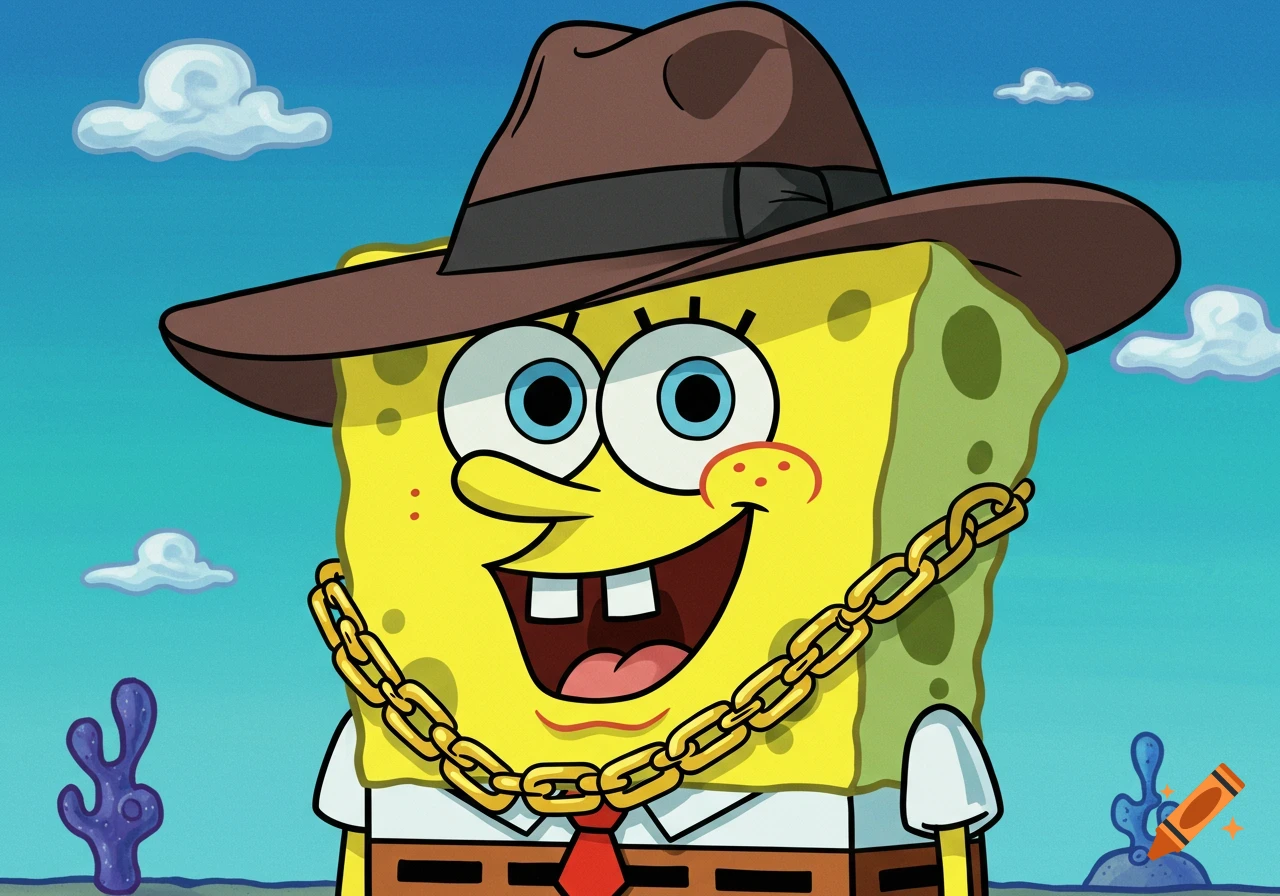 Spongebob Squarepants wearing a brown hat and a large gold chain in a ...