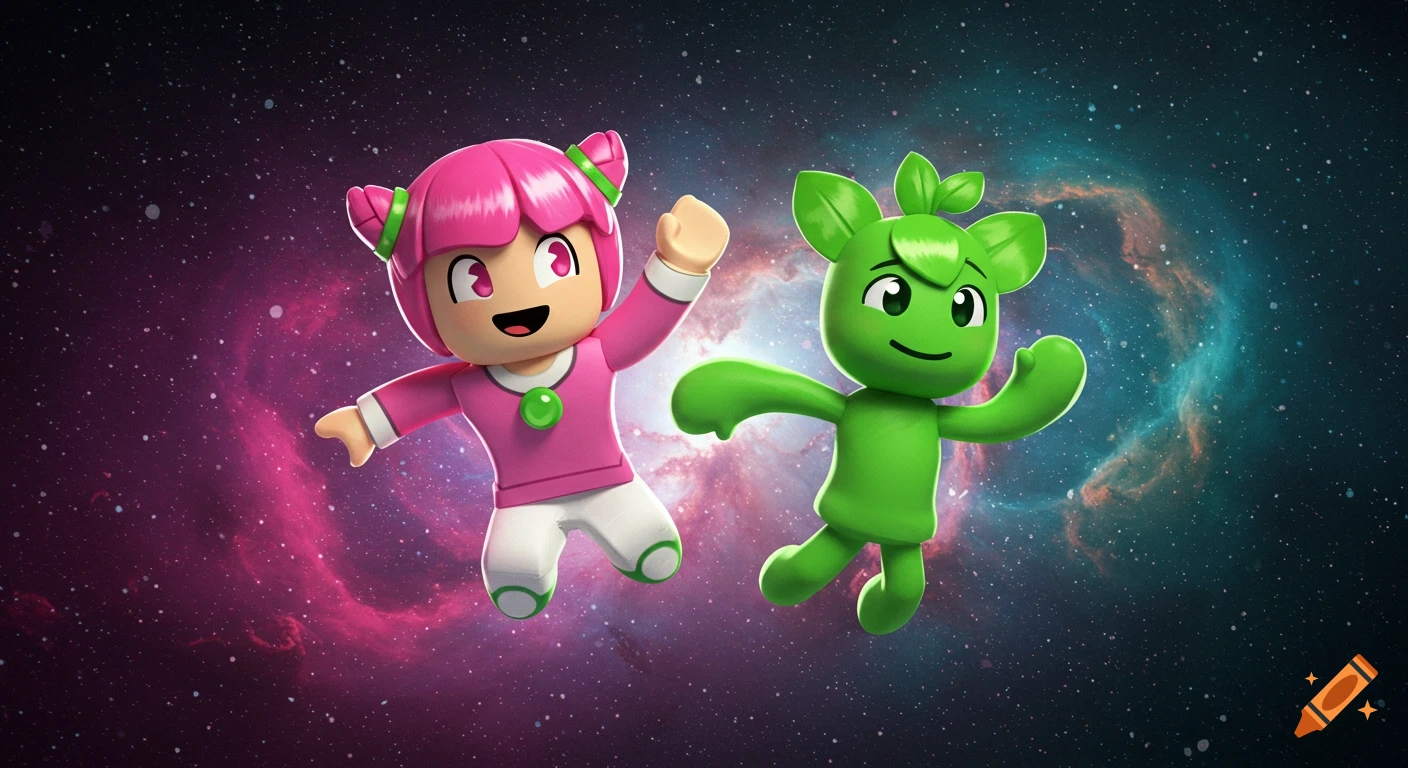 Two cartoon characters, one pink and one green, float in space against ...