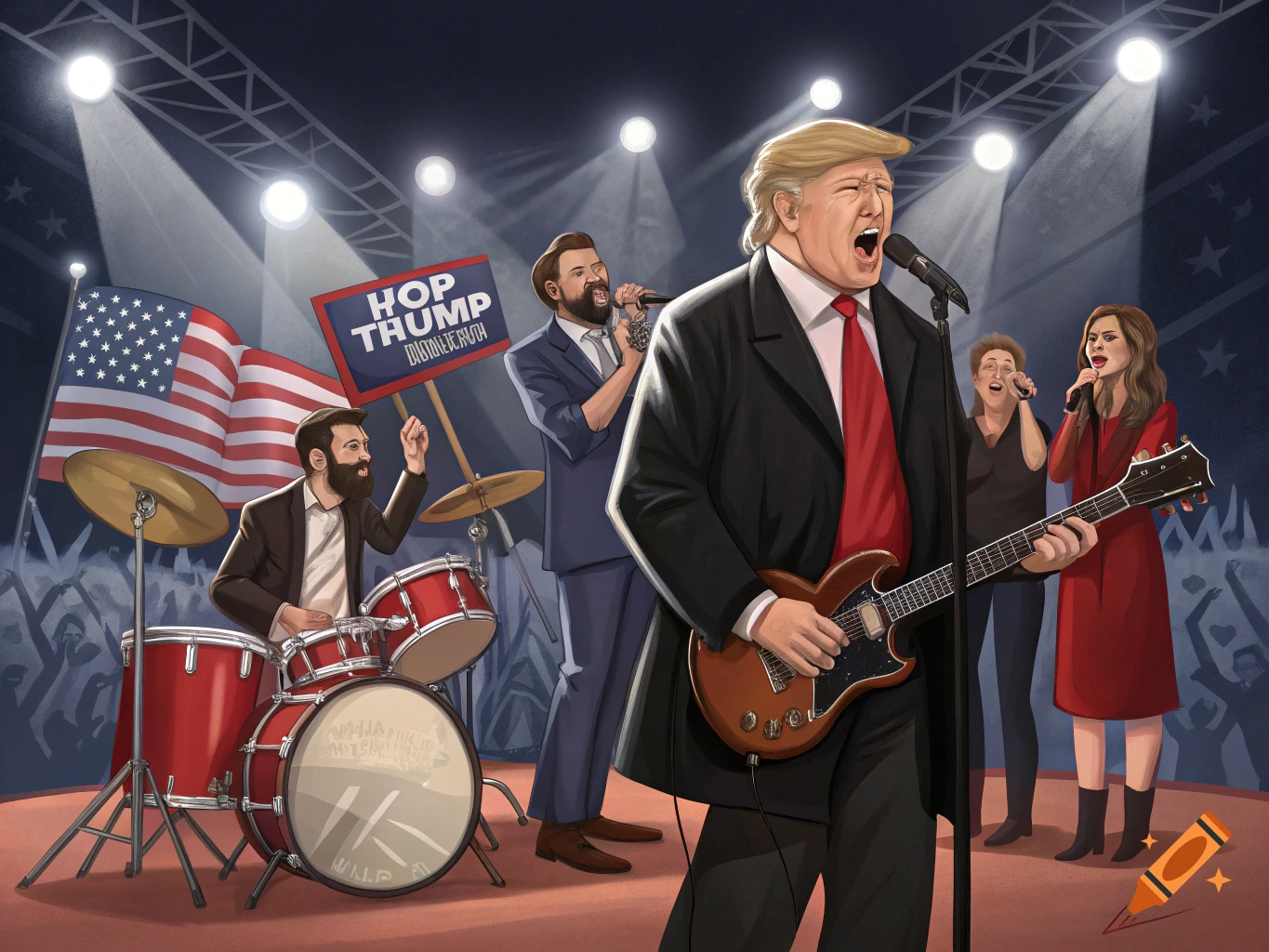 Cartoon of Donald Trump playing guitar on stage with a band, an ...