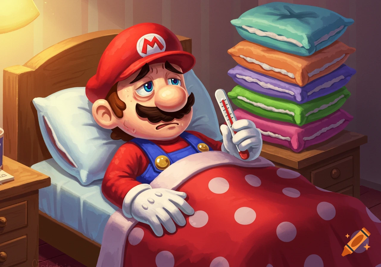 Cartoon illustration of Super Mario in bed, looking sick and holding a ...