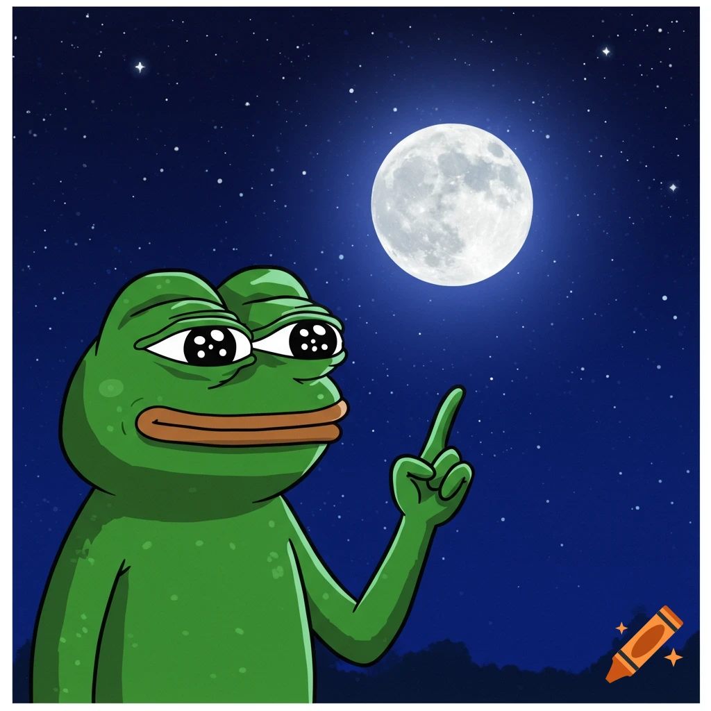 Pepe the frog pointing at the full moon in a starry night sky. on Craiyon