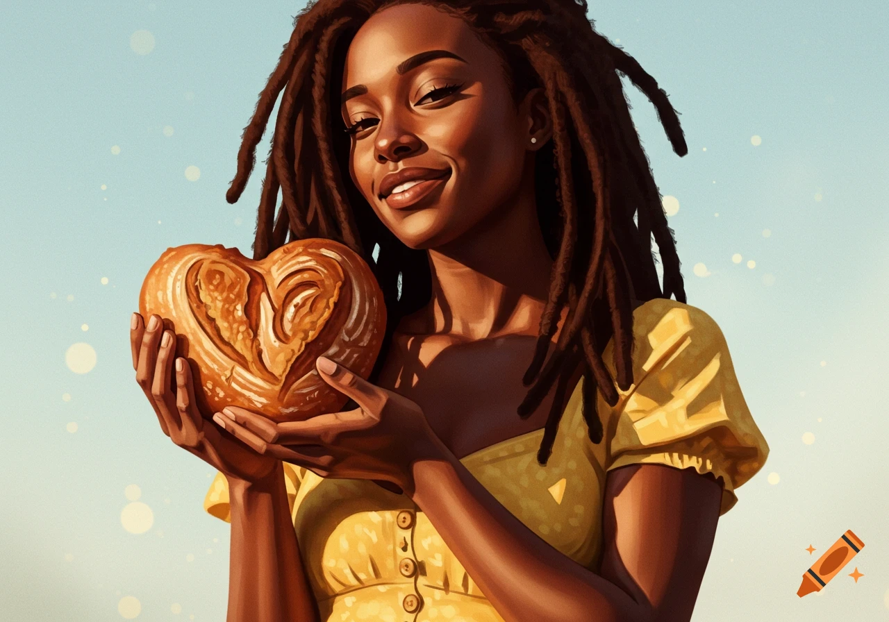 Woman with dreadlocks holds a heart-shaped loaf of bread on Craiyon