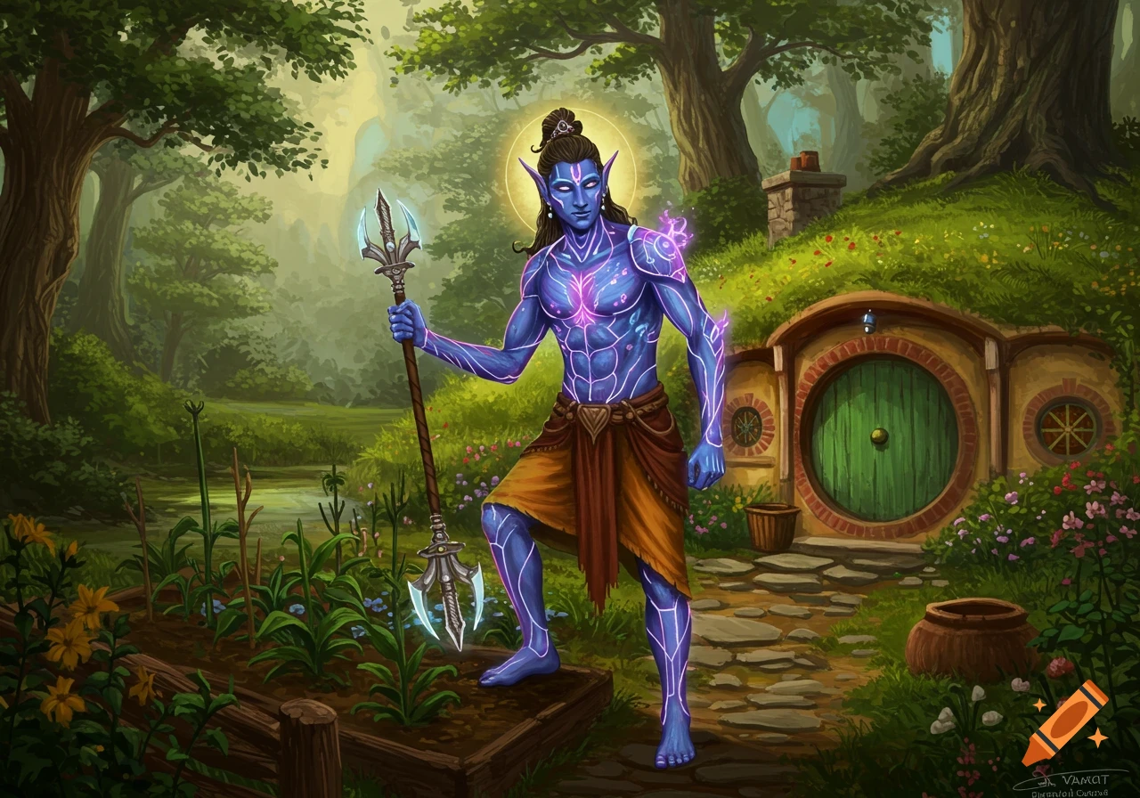 Blue-skinned fantasy character with glowing markings and a trident in a ...