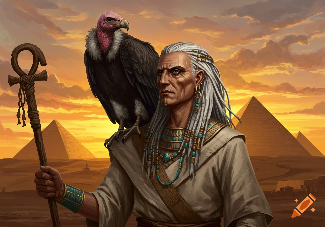 Egyptian shaman with silver hair and vulture stands in desert with ...