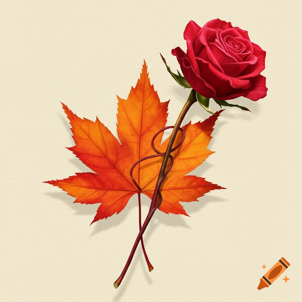 A red rose with its stem wrapped around the stem of an autumn maple ...