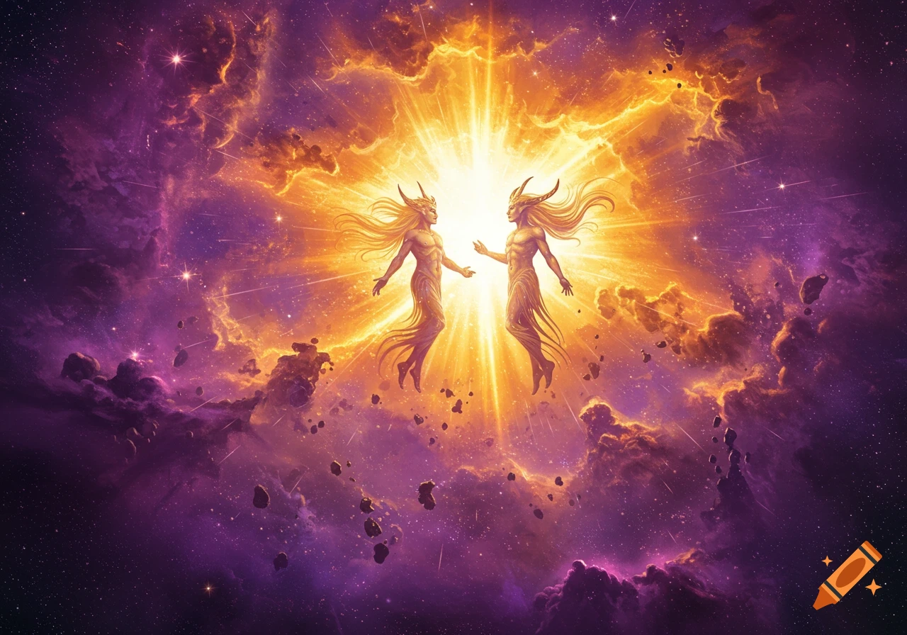 Two mythical figures with horns float in a cosmic explosion of light ...