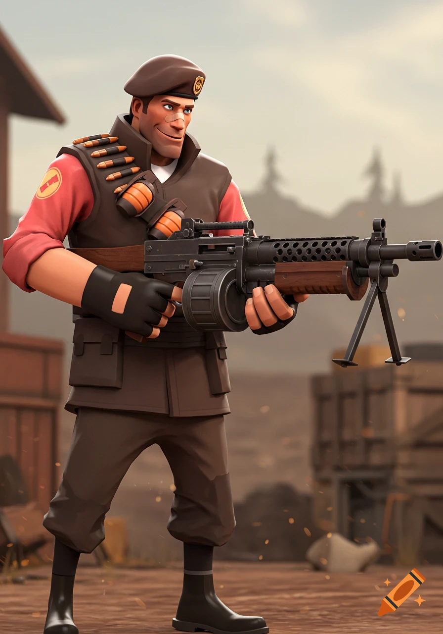 Team Fortress 2 character holding a machine gun on Craiyon