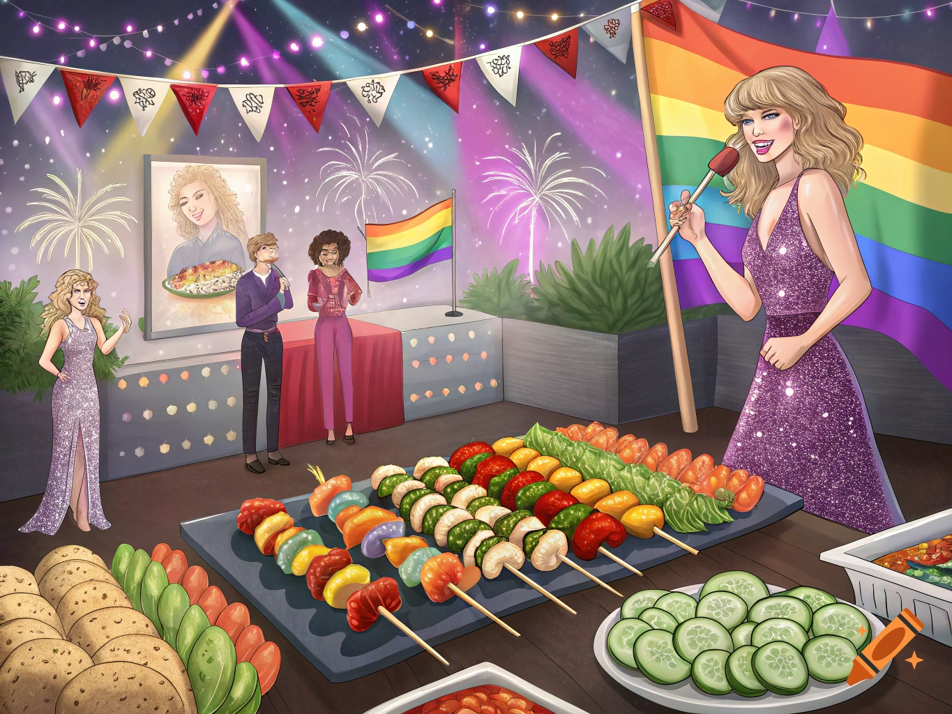 Illustration of a pride celebration with a person singing, a pride flag ...