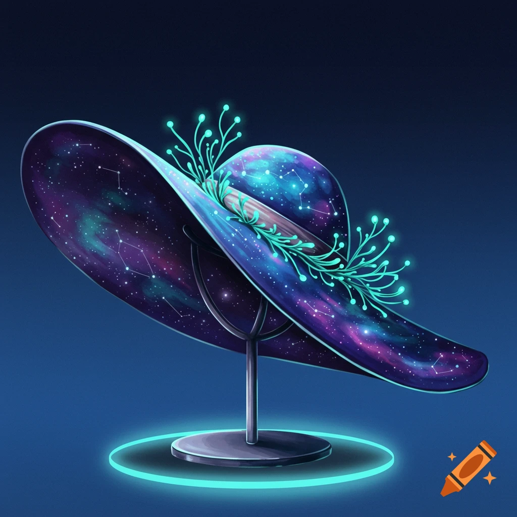 A futuristic hat with a galaxy pattern and glowing teal botanical-like ...
