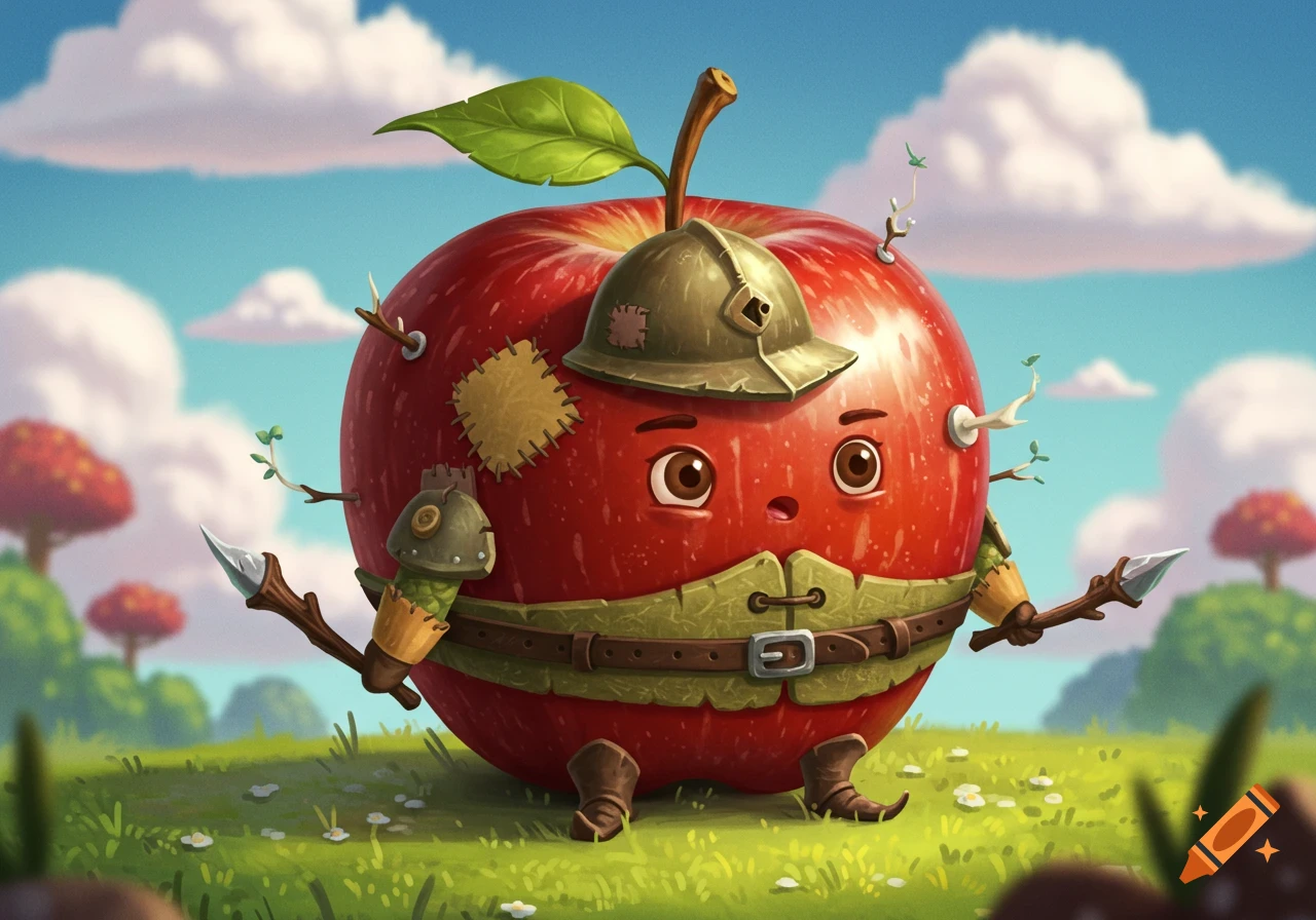A red apple character dressed as a soldier stands in a grassy field ...