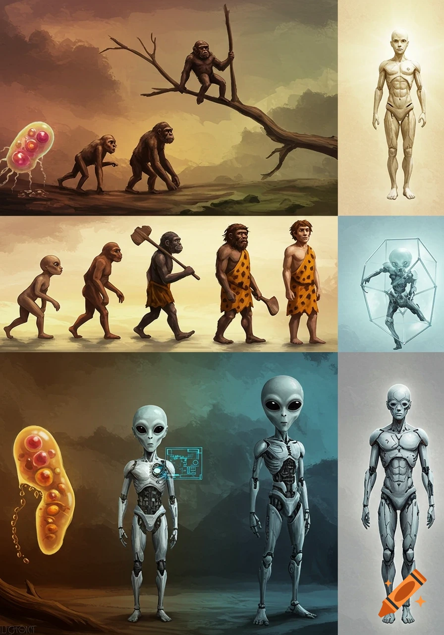 Illustration of evolutionary progression from ape and human to cyborg ...