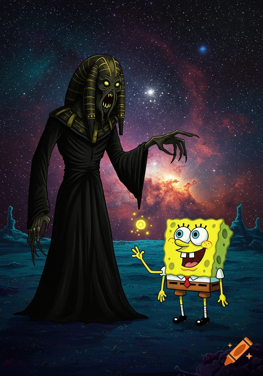SpongeBob waves at a terrifying cosmic horror monster in a starry space ...