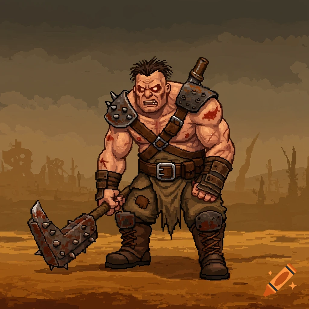 Pixel art of a muscular, angry post-apocalyptic warlord holding a spiked hammer in a desolate ...