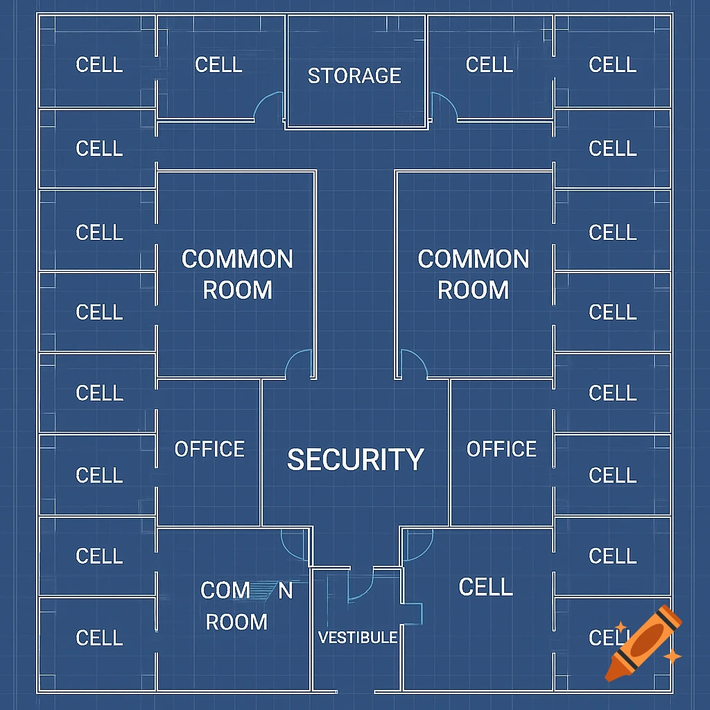 Blueprint floor plan showing cells, common rooms, security, and other rooms. on Craiyon