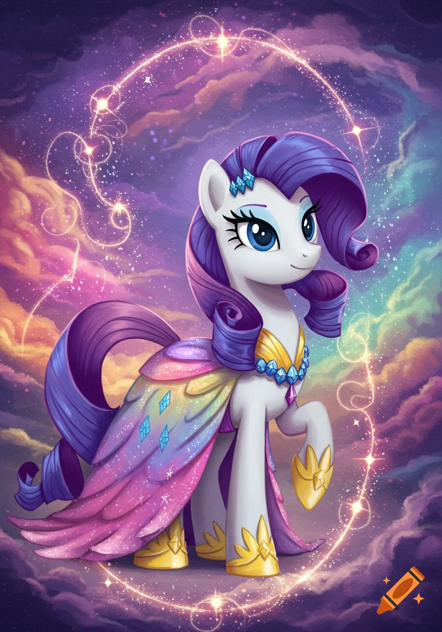 Rarity from My Little Pony in a bejeweled dress stands against a galaxy ...