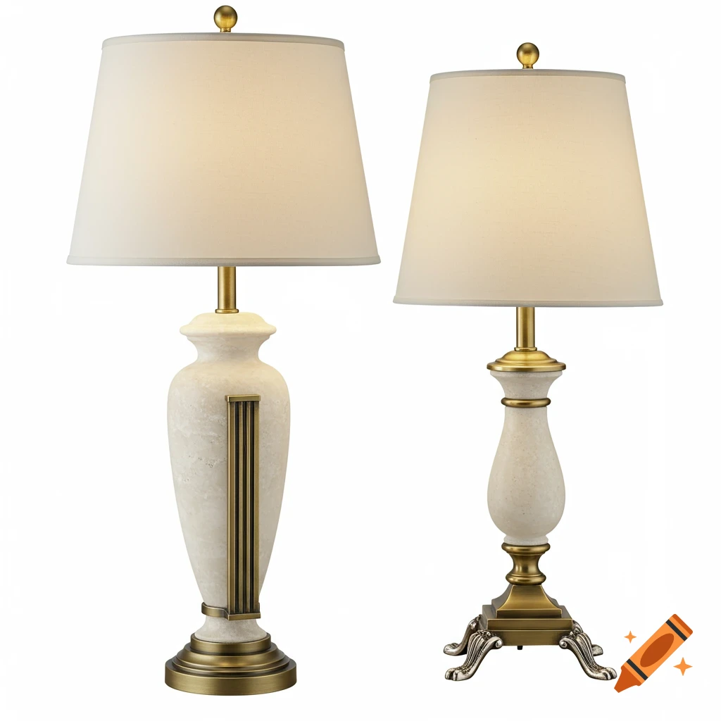 Two decorative table lamps with stone and brass bases and white shades ...